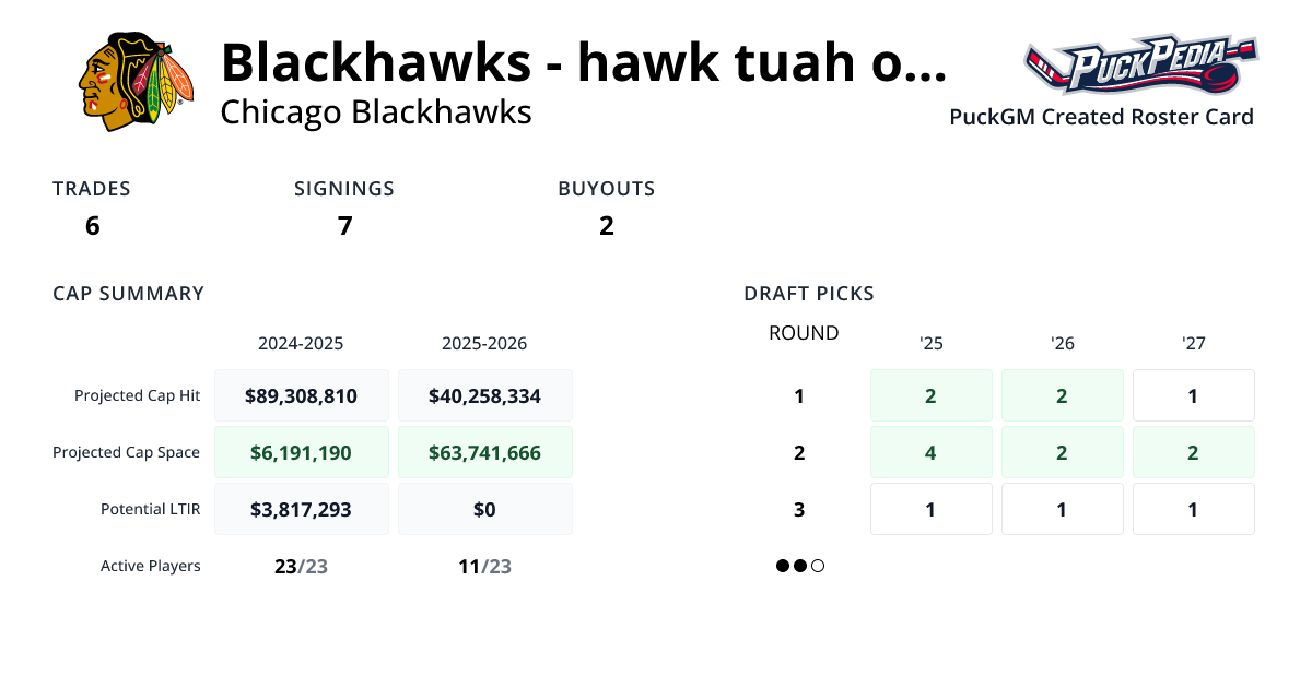 Blackhawks - hawk tuah offseason | PuckGM | PuckPedia